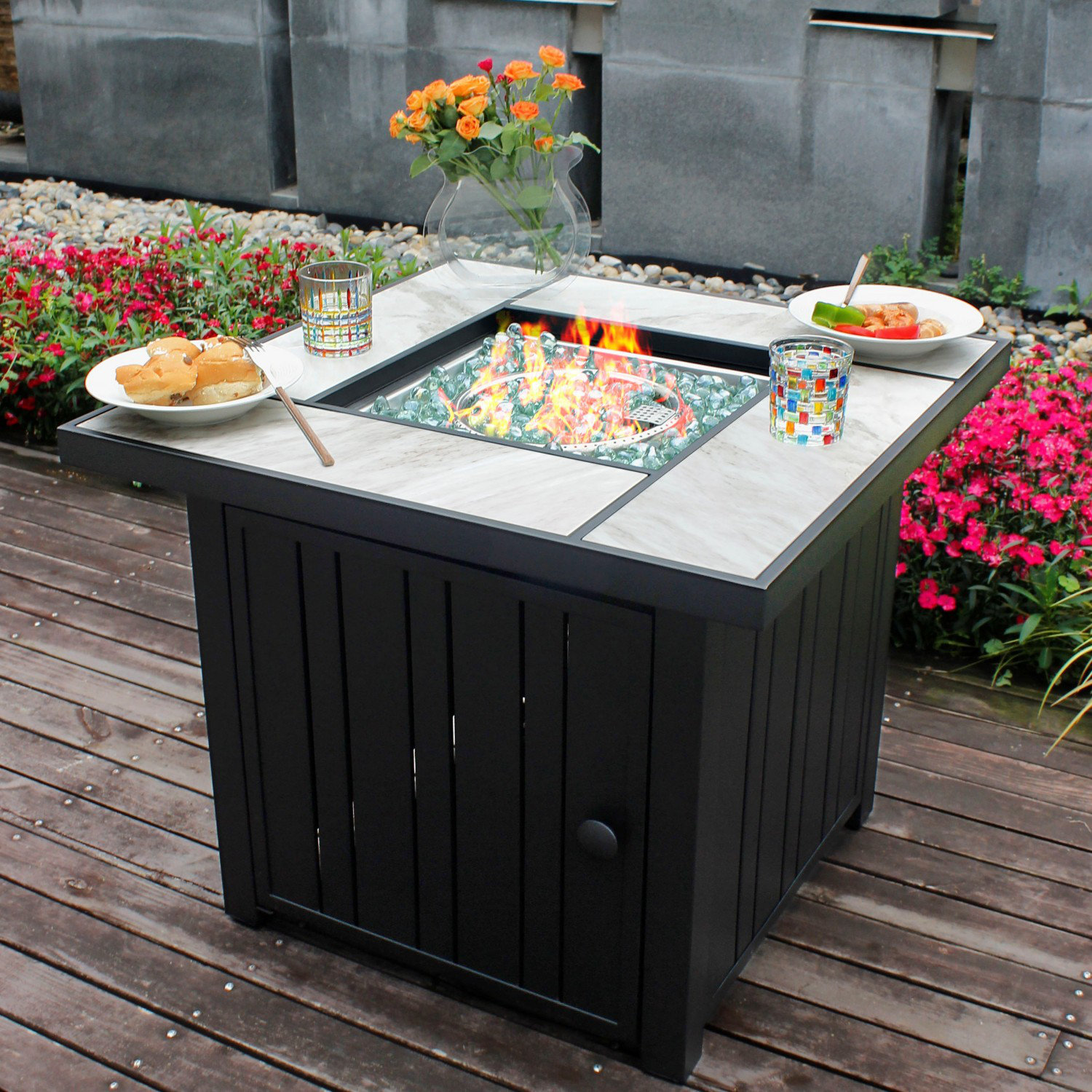 Bungalow Rose Mehalek 25" H x 30" W Propane Fire Pit Table with Lid, Outdoor Ceramic Tabletop ...